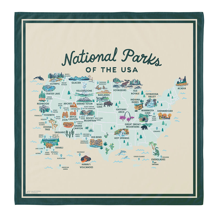 National Parks of the USA Illustrated Map Cotton Bandana — America's ...